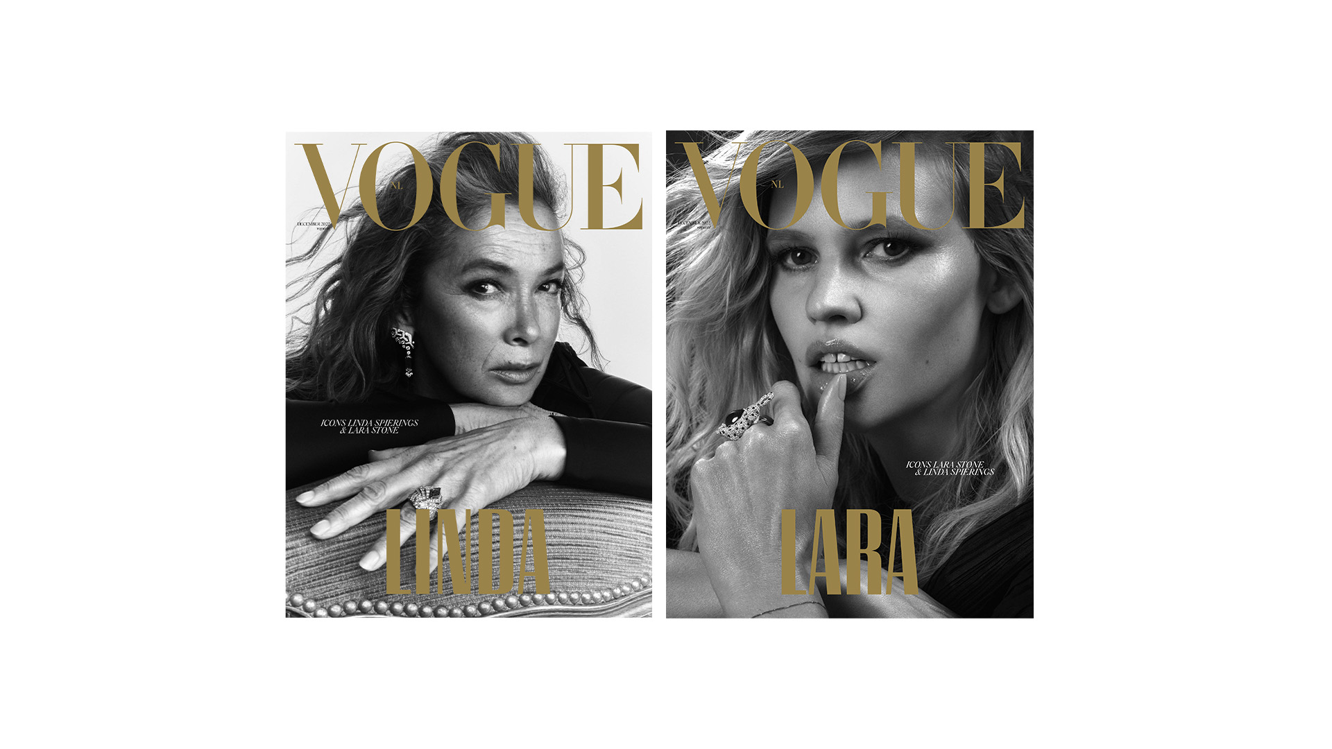 Lara Stone en Linda Spierings op cover van Vogue december 2022
