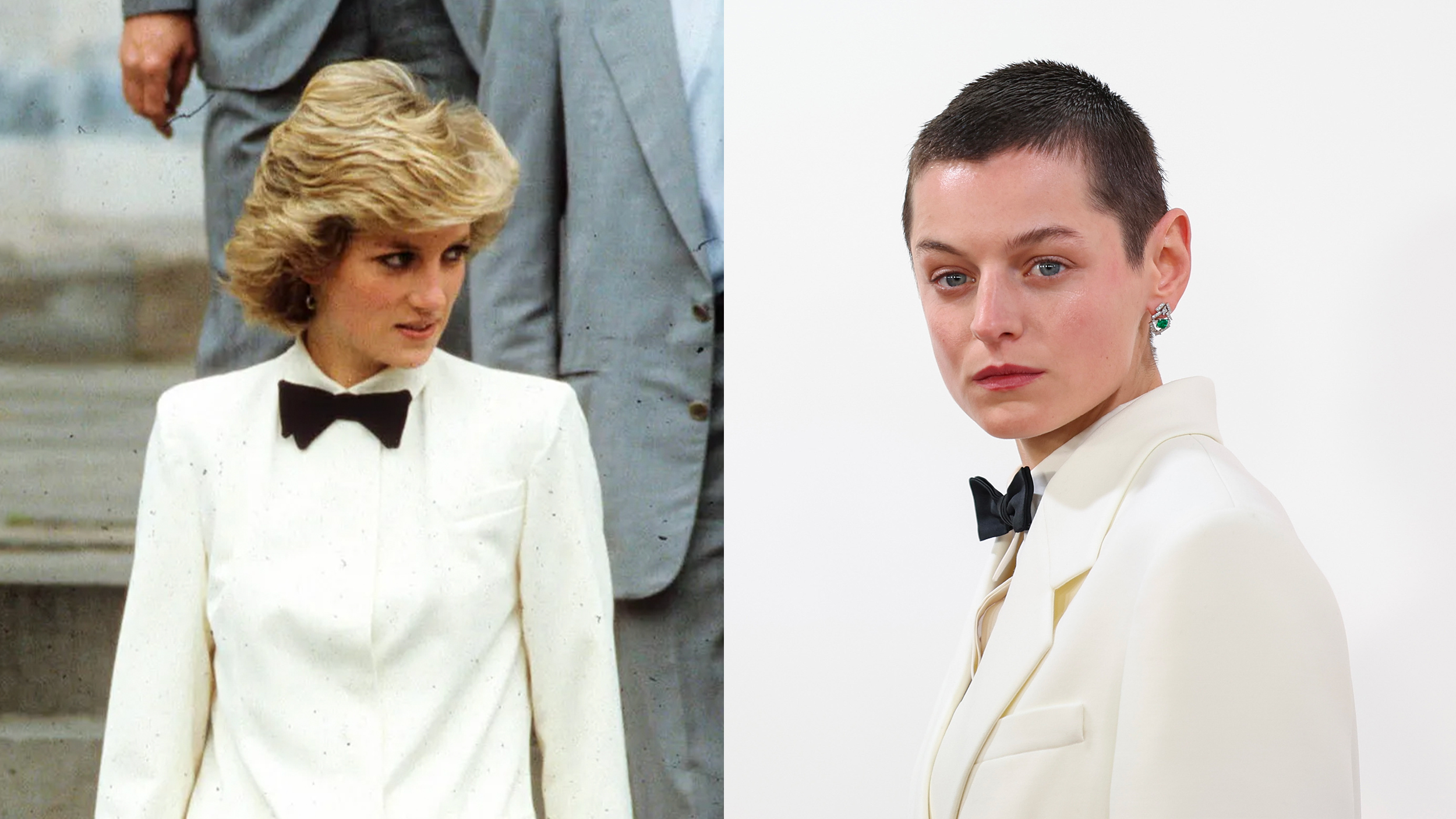 Emma Corrin draagt smoking zonder broek op de rode loper